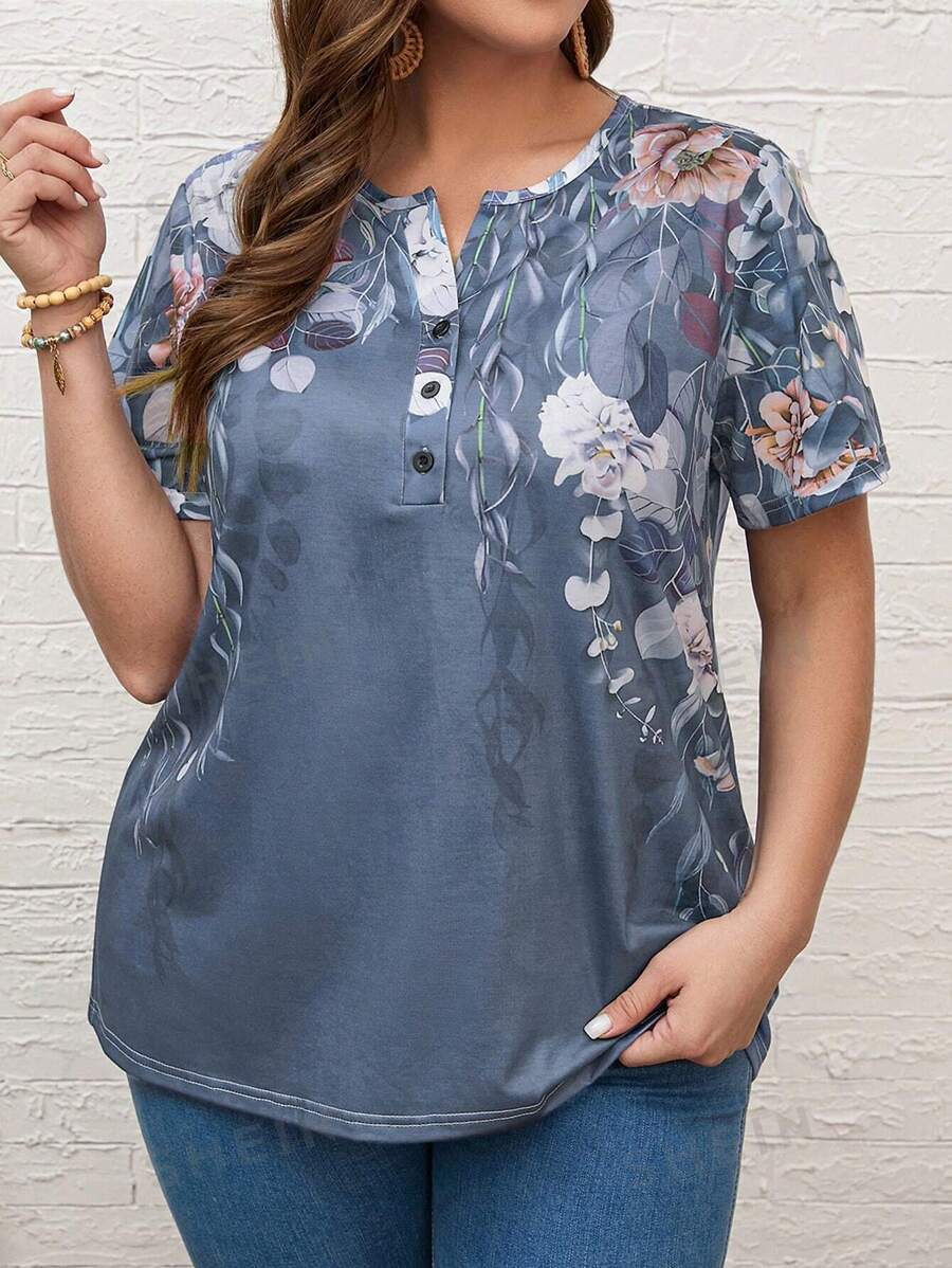 EMERY ROSE Plus Size Floral Print Short Sleeve T-Shirt Summer | SHEIN USA