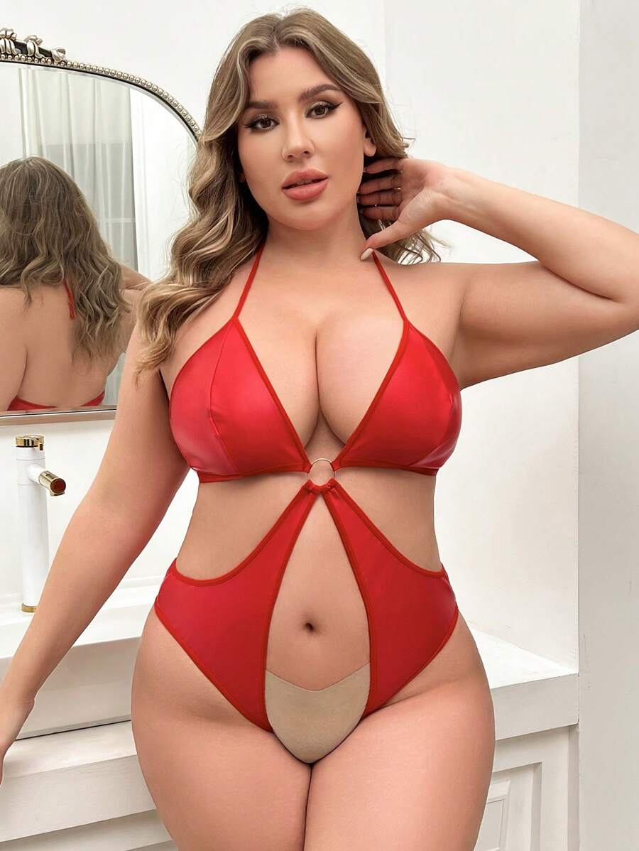 Classic Sexy Plus Size Women's Sexy Hollow Out Halter Tie Neck Jumpsuit Lingerie | SHEIN USA