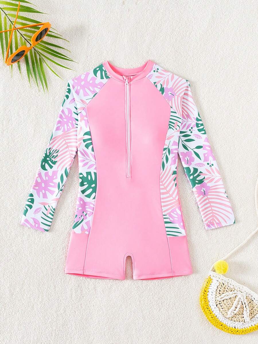 Tween Girls' Tropical Printed Long Sleeve Zipper Front Swimsuit With ...