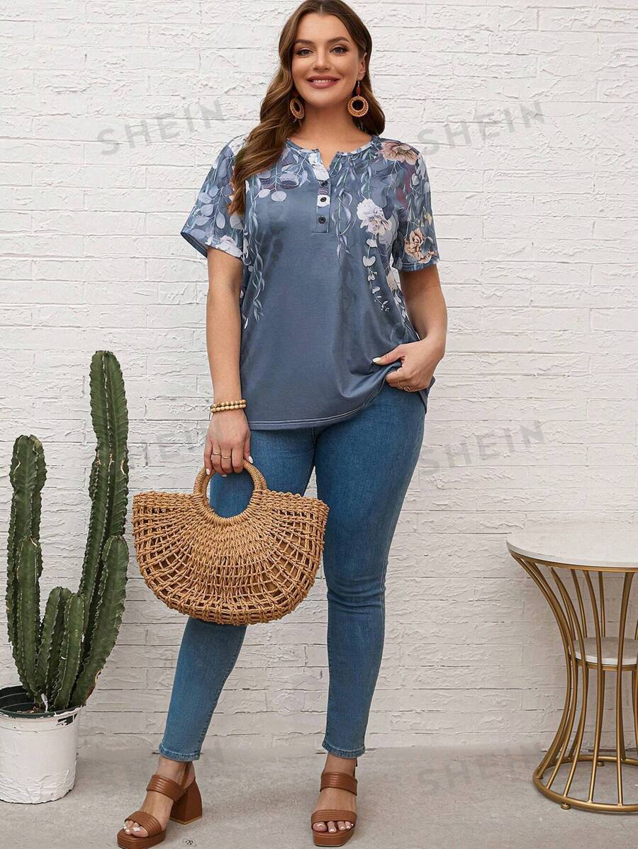 EMERY ROSE Plus Size Floral Print Short Sleeve T-Shirt Summer | SHEIN USA