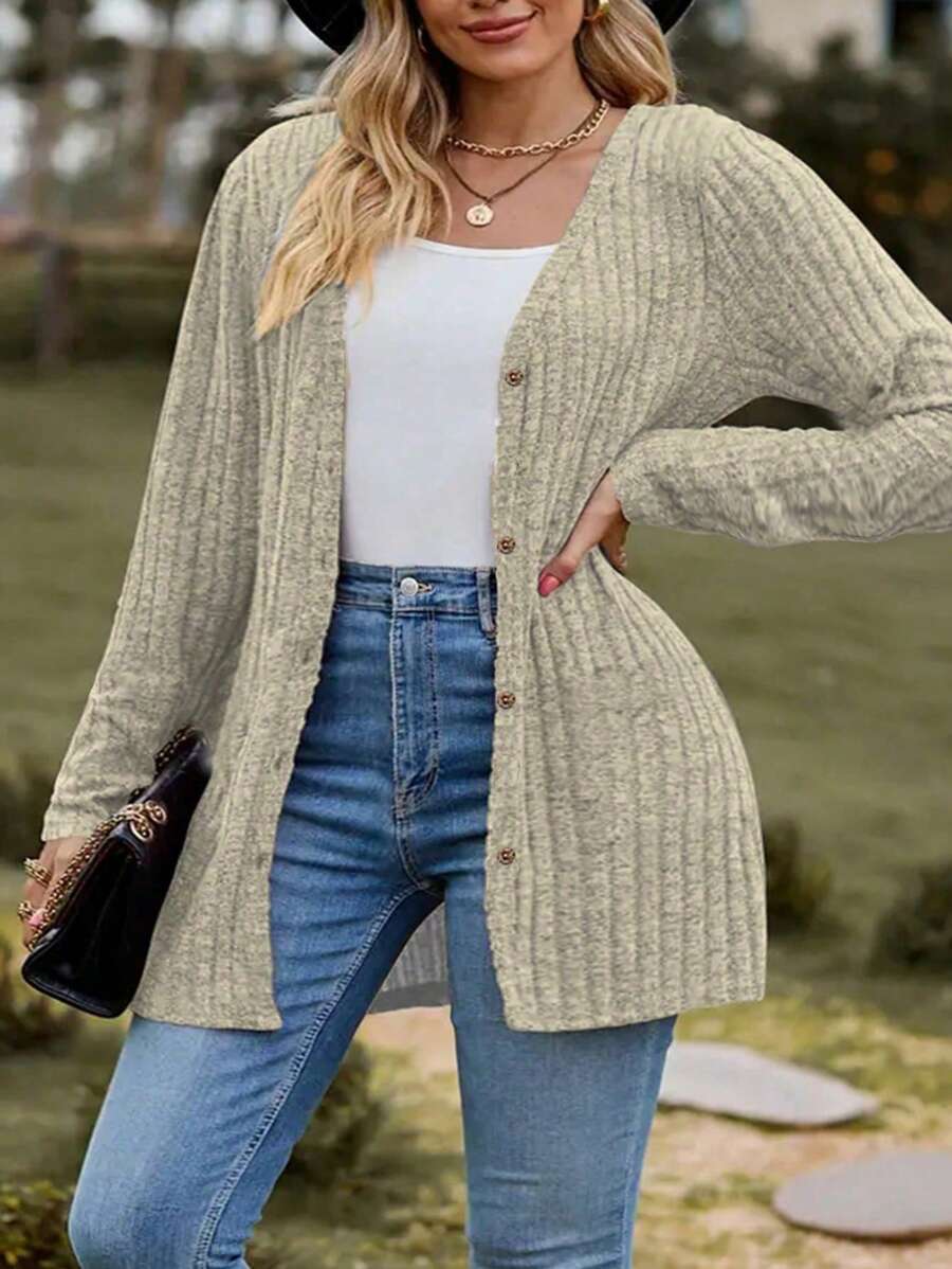 SHEIN LUNE Plus Size Ribbed Knit Cardigan With Upward Buttons | SHEIN USA