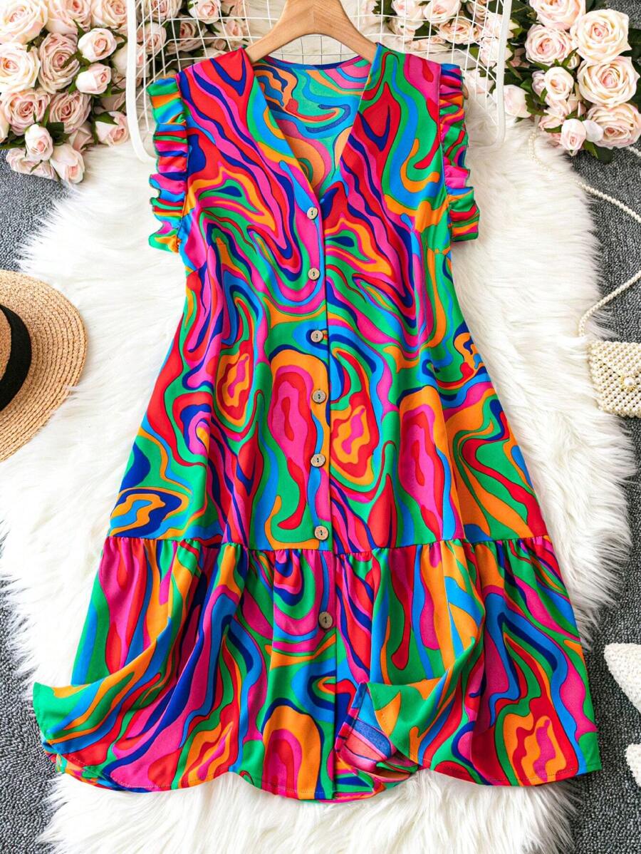 SHEIN LUNE Plus Size Marble Print Ruffle Hem Dress | SHEIN UK