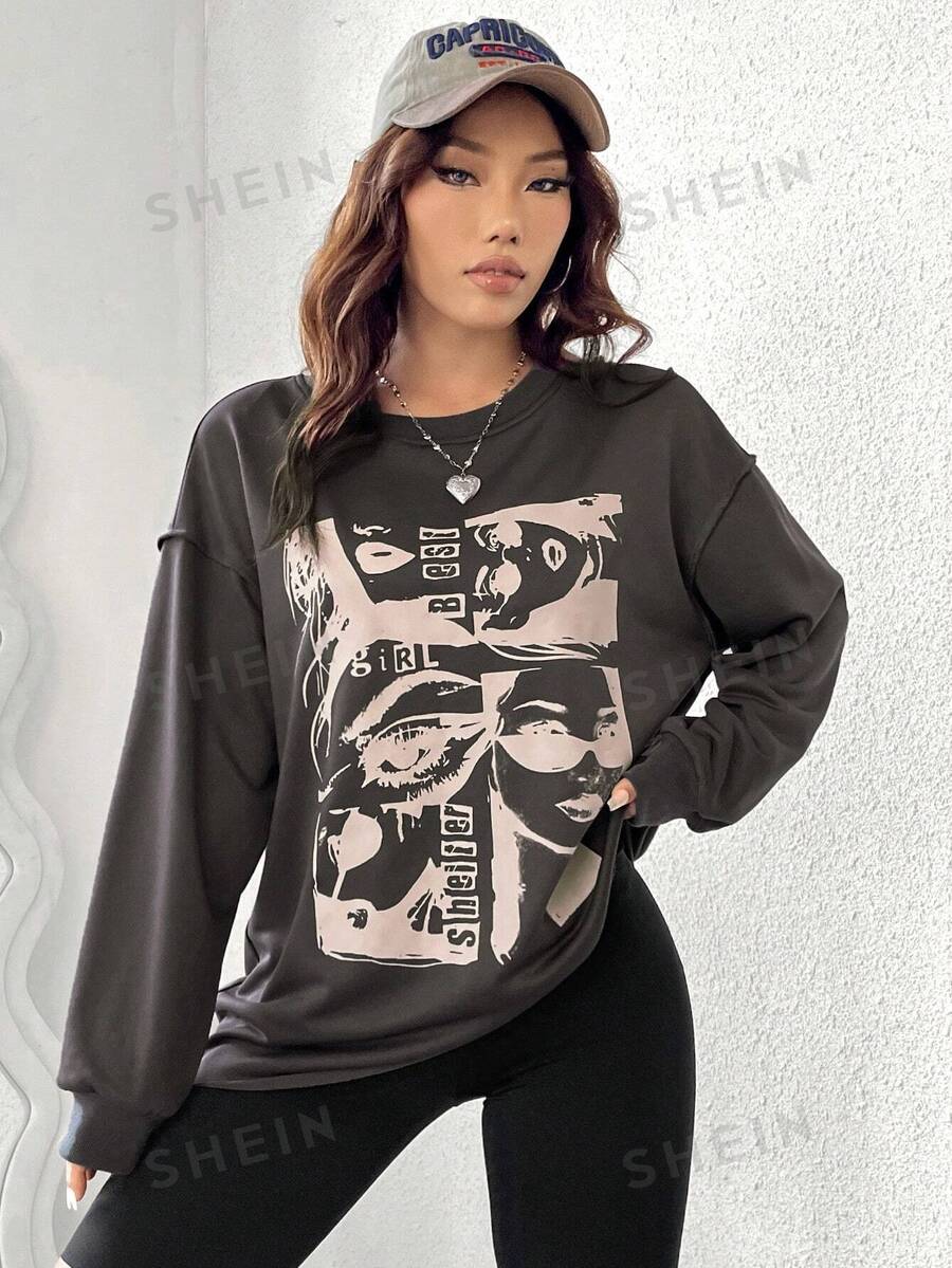 SHEIN Coolane Portrait Print Drop Shoulder Sweatshirt | SHEIN UK