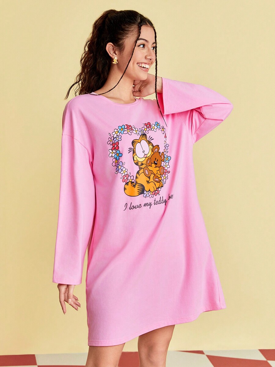 GARFIELD X SHEIN Cartoon Print Long Sleeve Nightgown | SHEIN EUR
