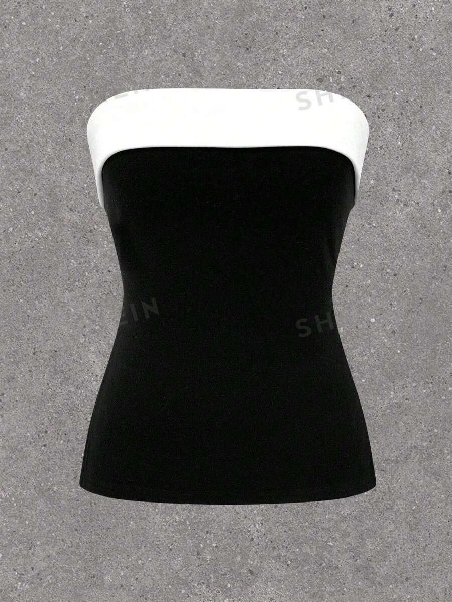 SHEIN EZwear Women's Summer Black Y2k Contrasting Color Tube Top ...