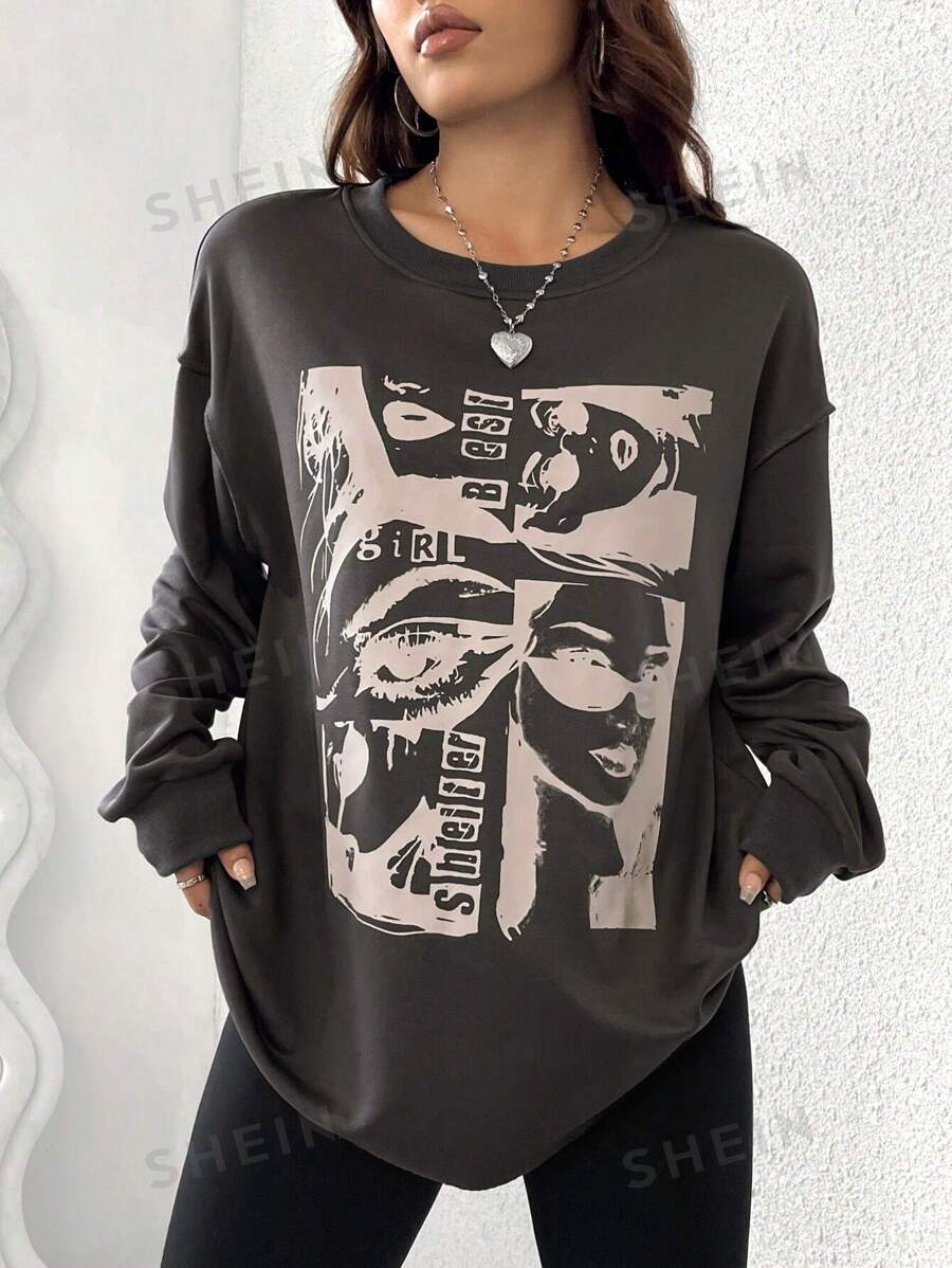 SHEIN Coolane Portrait Print Drop Shoulder Sweatshirt | SHEIN UK