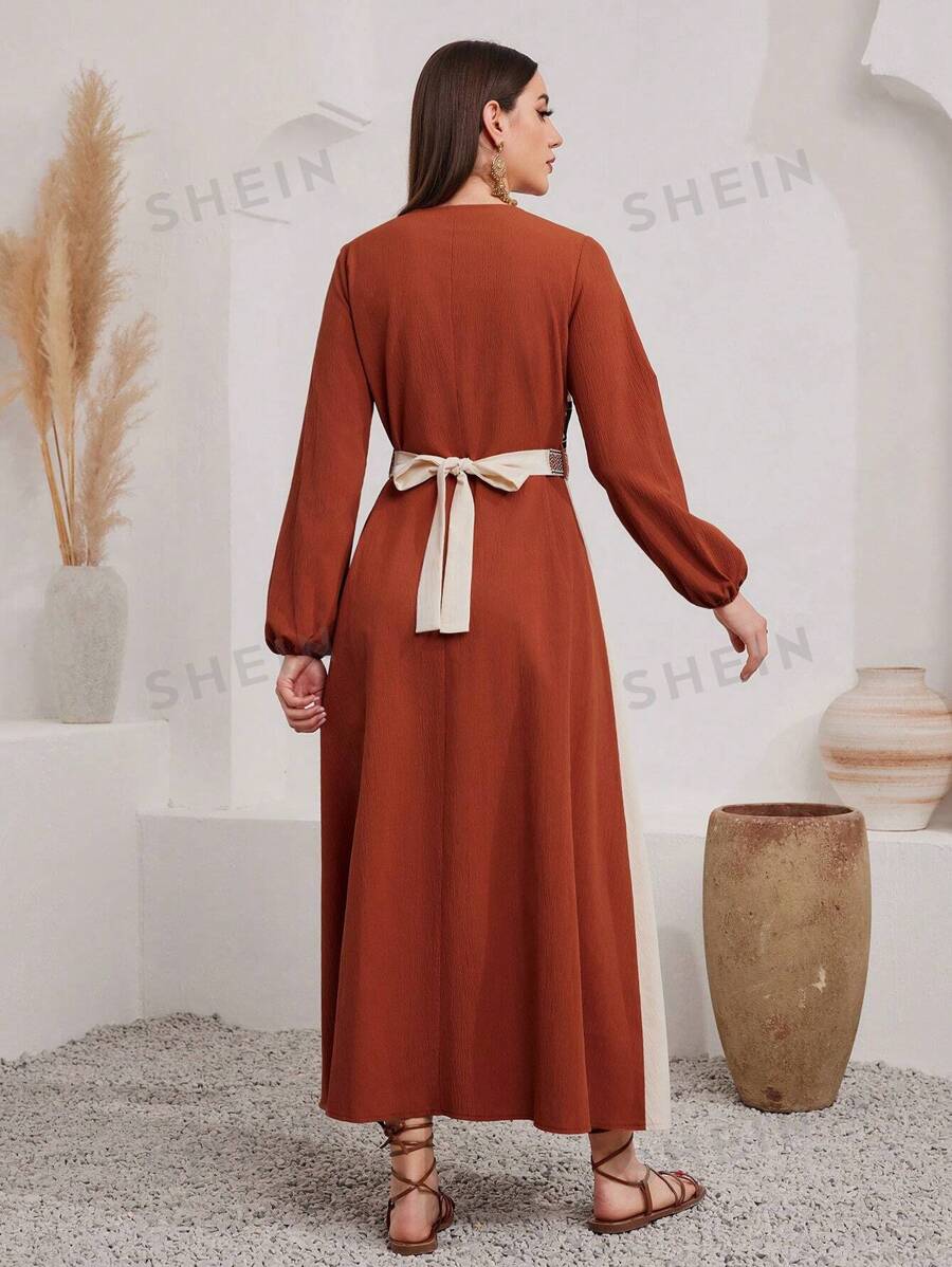 SHEIN Najma Robe arabe à manches lanternes avec broderie géométrique ...