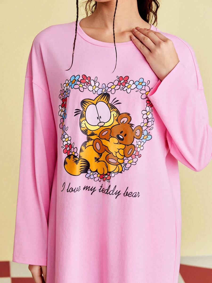 GARFIELD X SHEIN Cartoon Print Long Sleeve Nightgown | SHEIN EUR