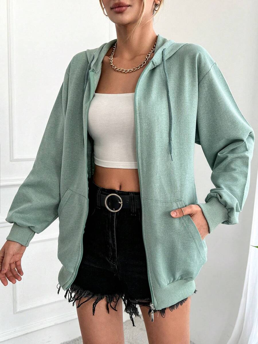 100%Cotton Solid Zip Up Drawstring Hoodie | SHEIN USA