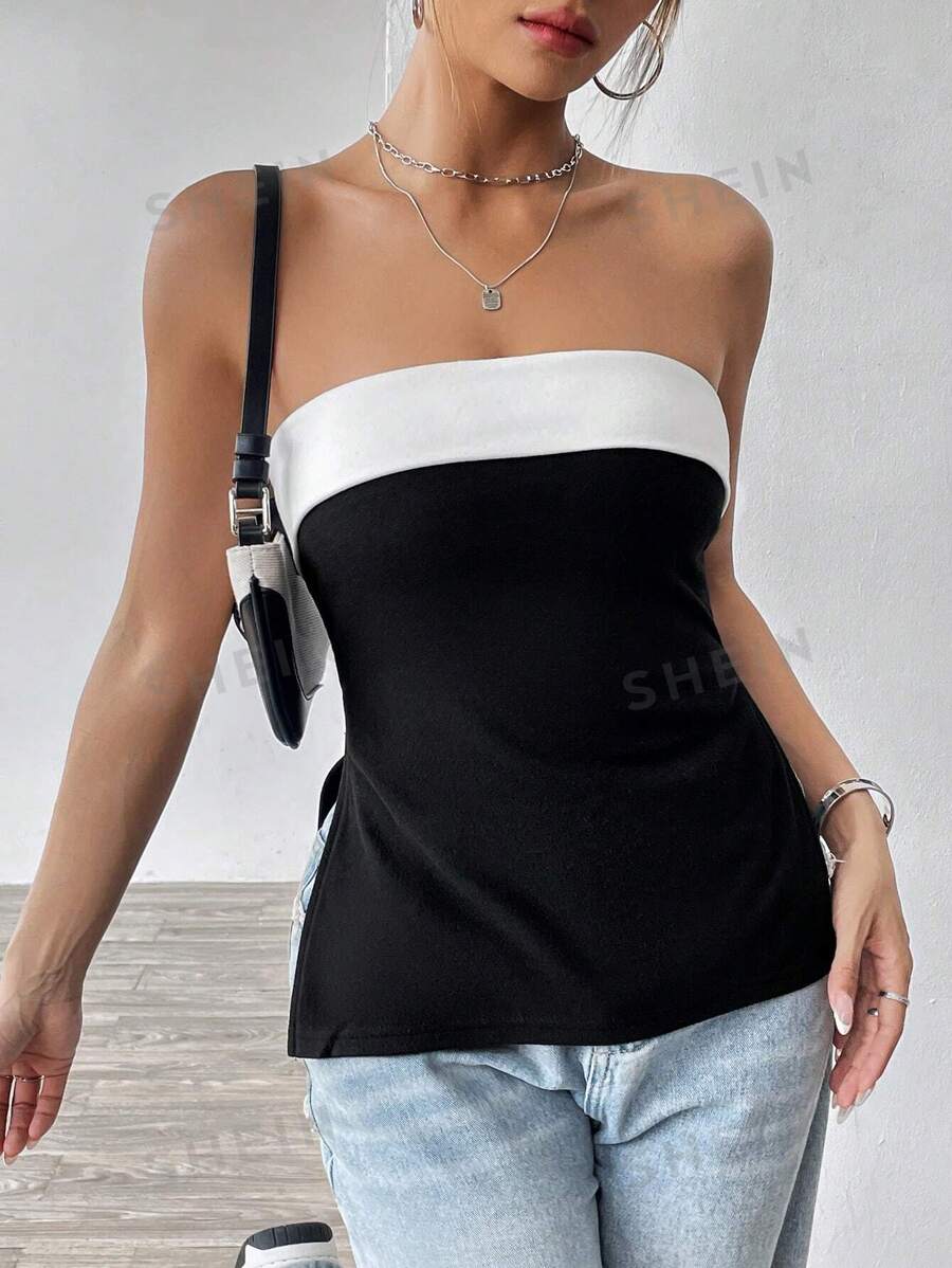 SHEIN EZwear Women's Summer Black Y2k Contrasting Color Tube Top ...