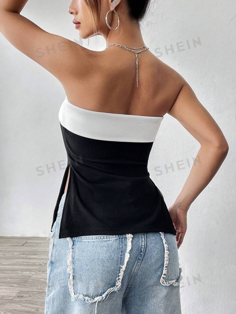 SHEIN EZwear Women's Summer Black Y2k Contrasting Color Tube Top ...