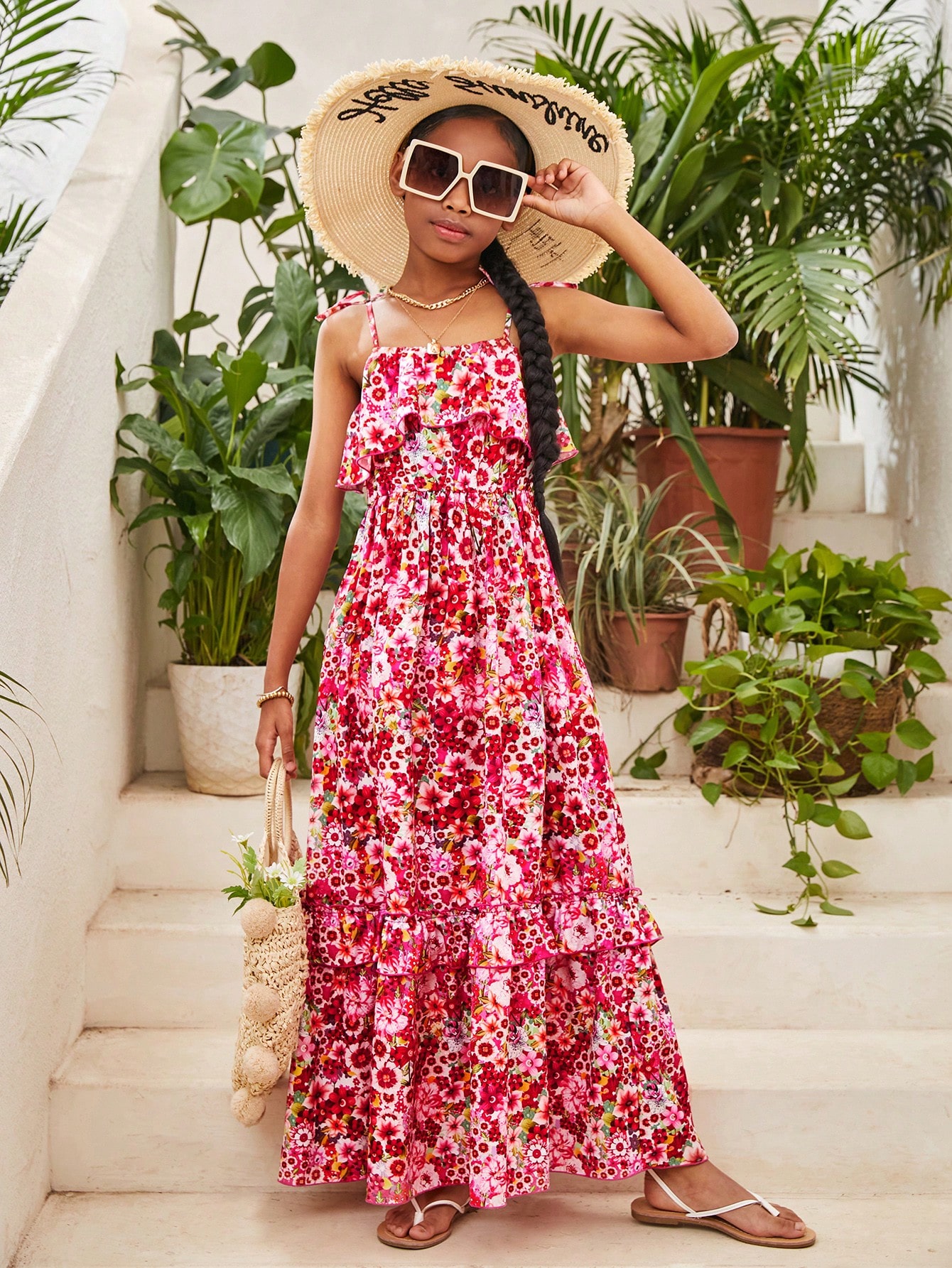 SHEIN Kids Cooltwn Tween Girls' Floral Print Maxi Dress With Shoulder ...