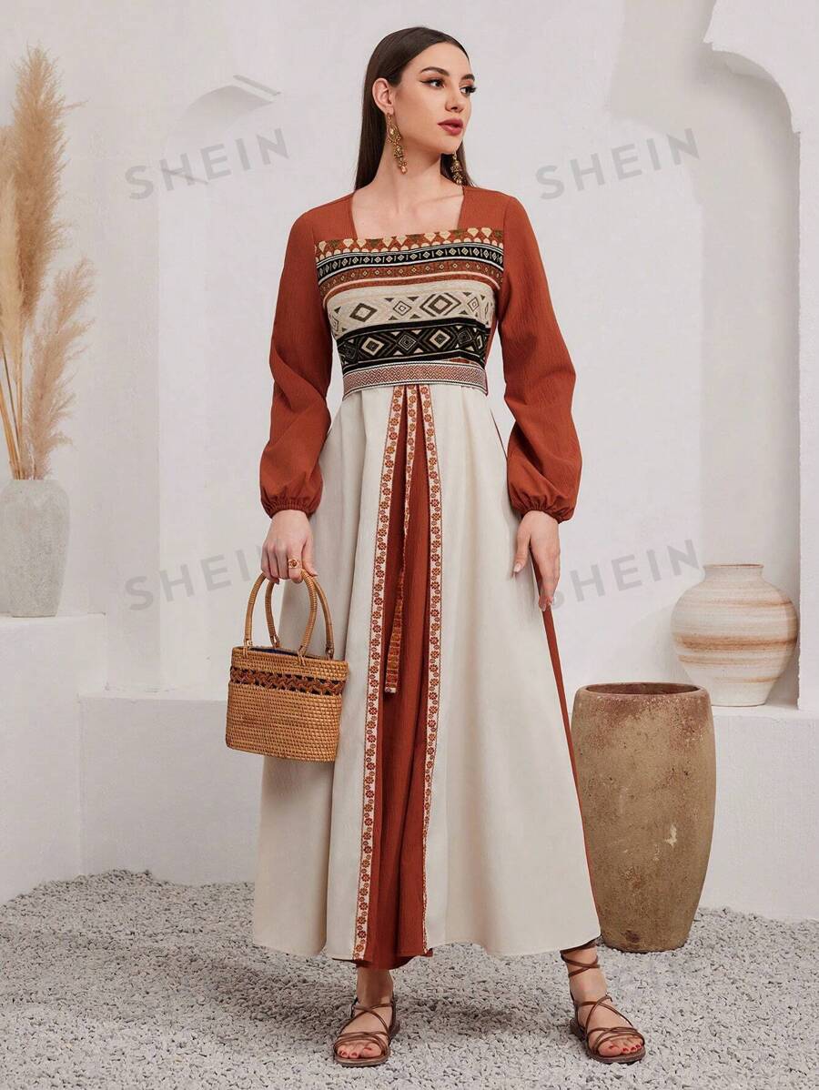 SHEIN Najma Robe arabe à manches lanternes avec broderie géométrique ...