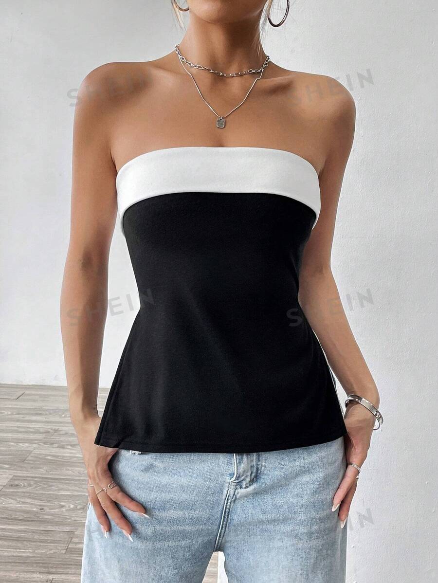 SHEIN EZwear Women's Summer Black Y2k Contrasting Color Tube Top ...