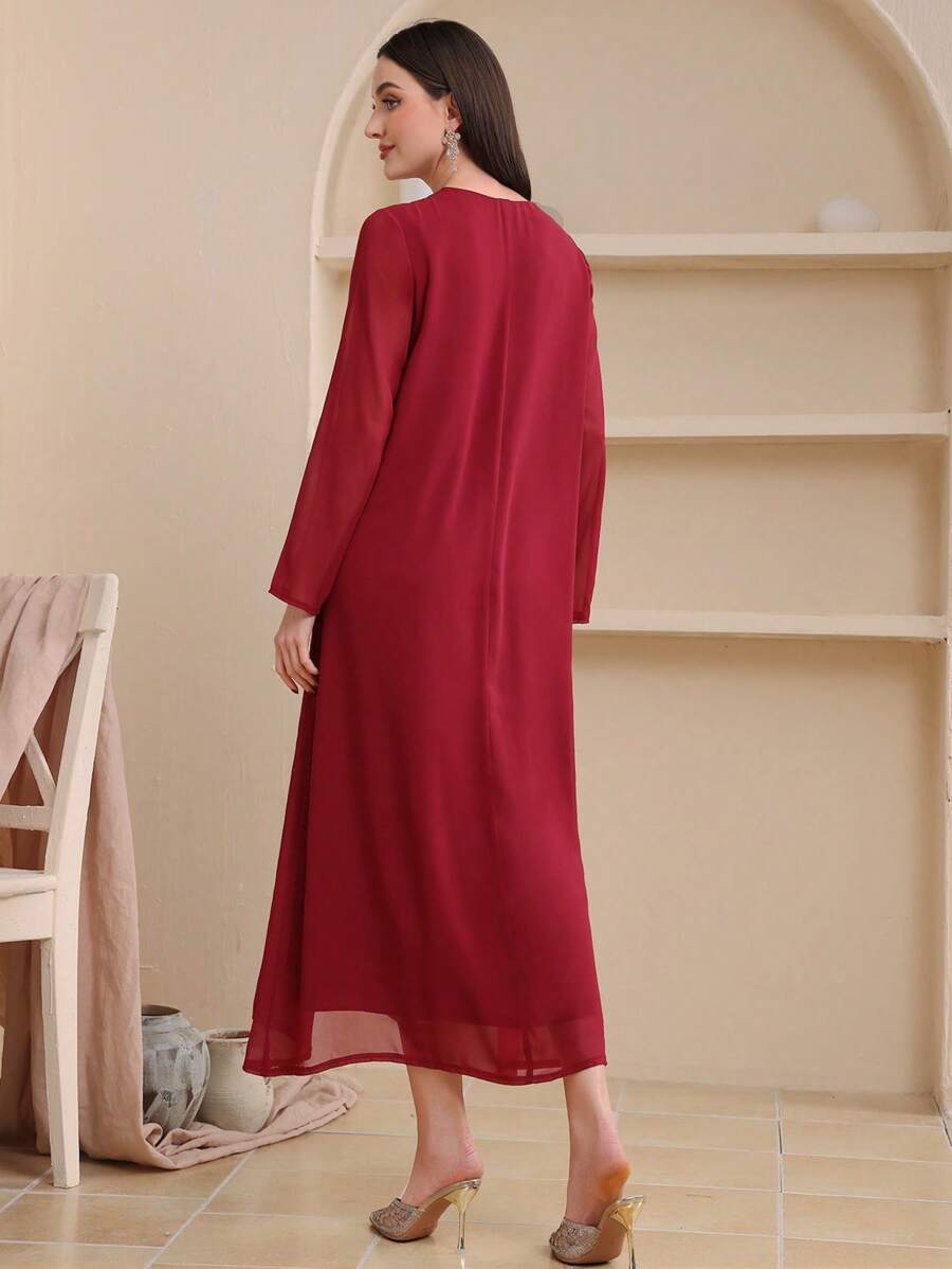 SHEIN Najma Burgundy Red Ladies' Contrast Color Embroidery Floral ...