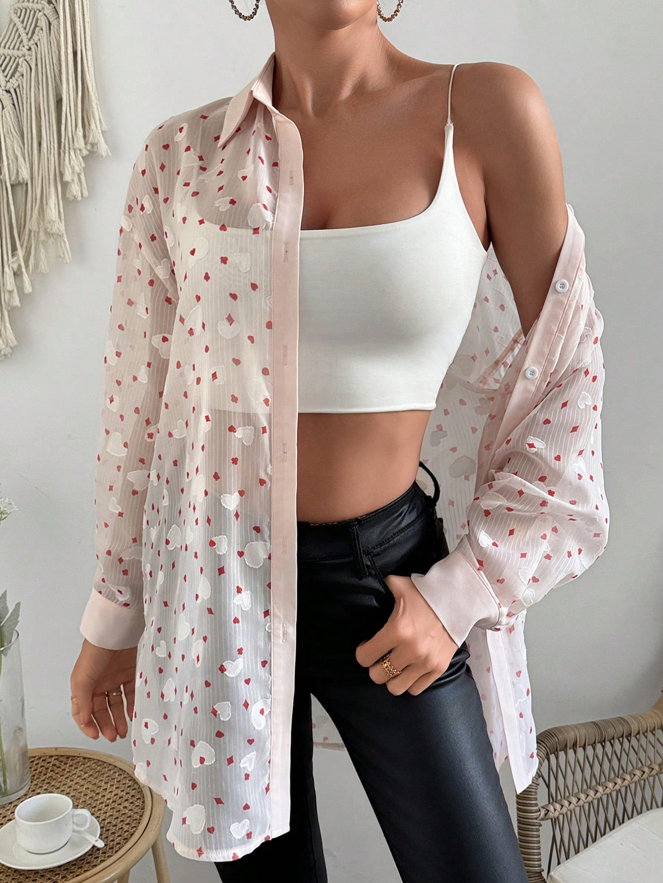 SHEIN Privé Women's Long Sleeve Mesh Heart Jacquard Shirt With See ...