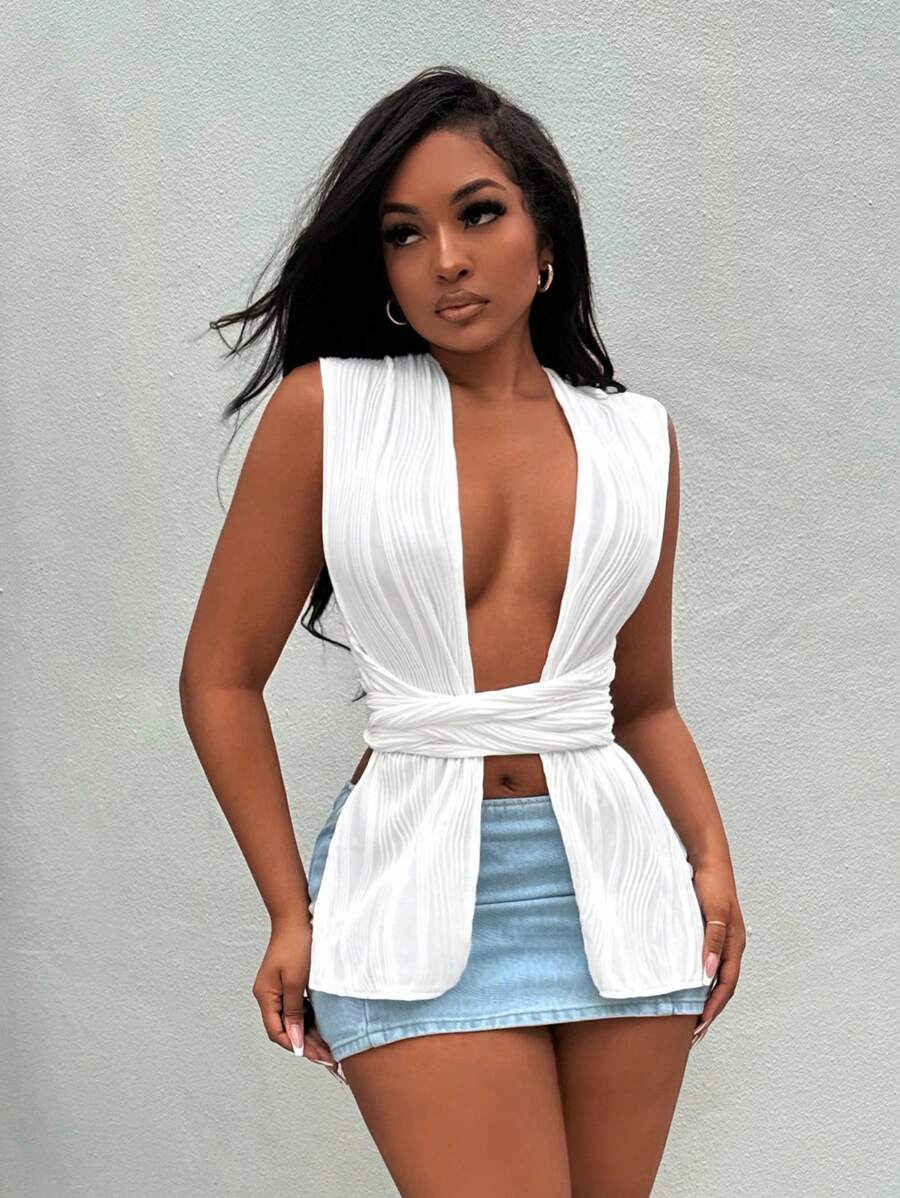 Slaydiva Women's Hollow Out Front & Back Tie Waist Cropped Tank Top | SHEIN USA