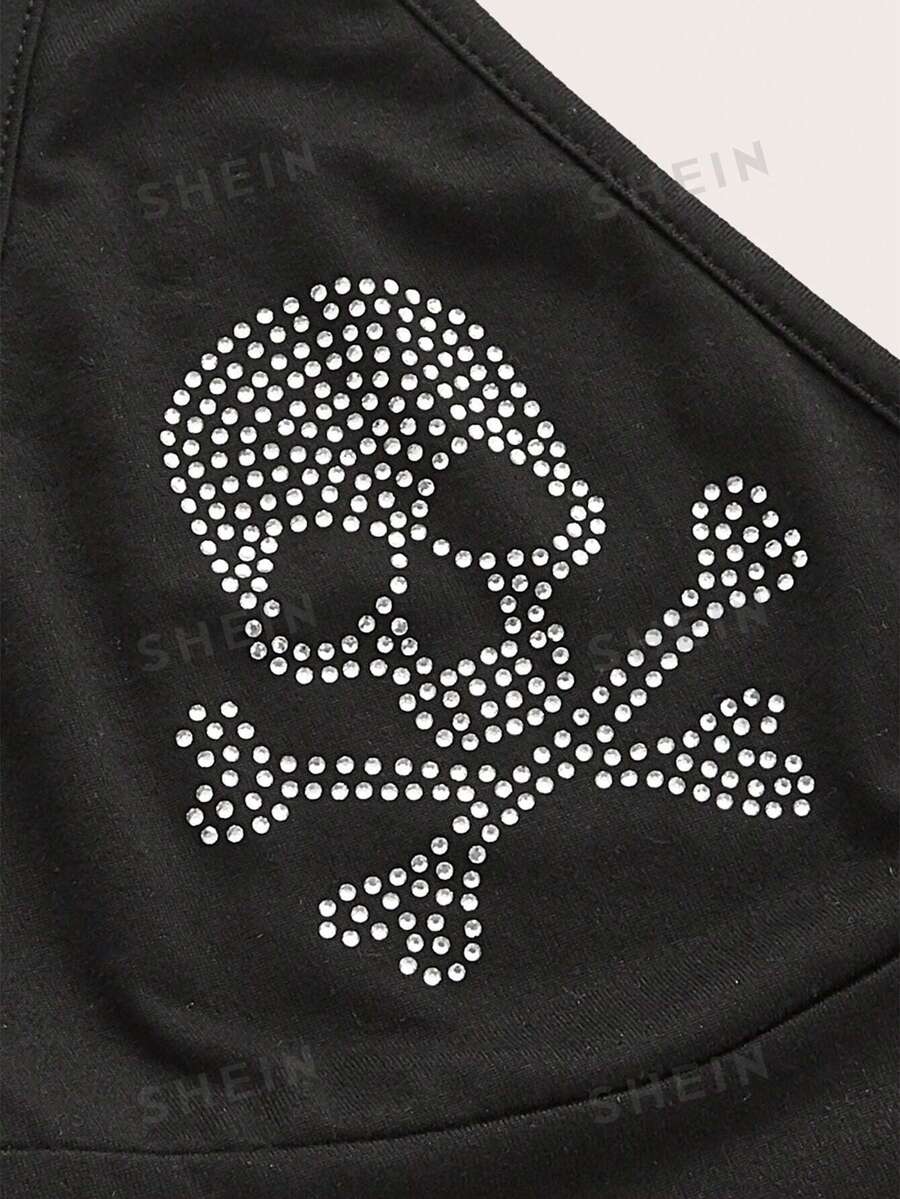 SHEIN EZwear Women's Diamond Embellished Skull Design Halter Top ...