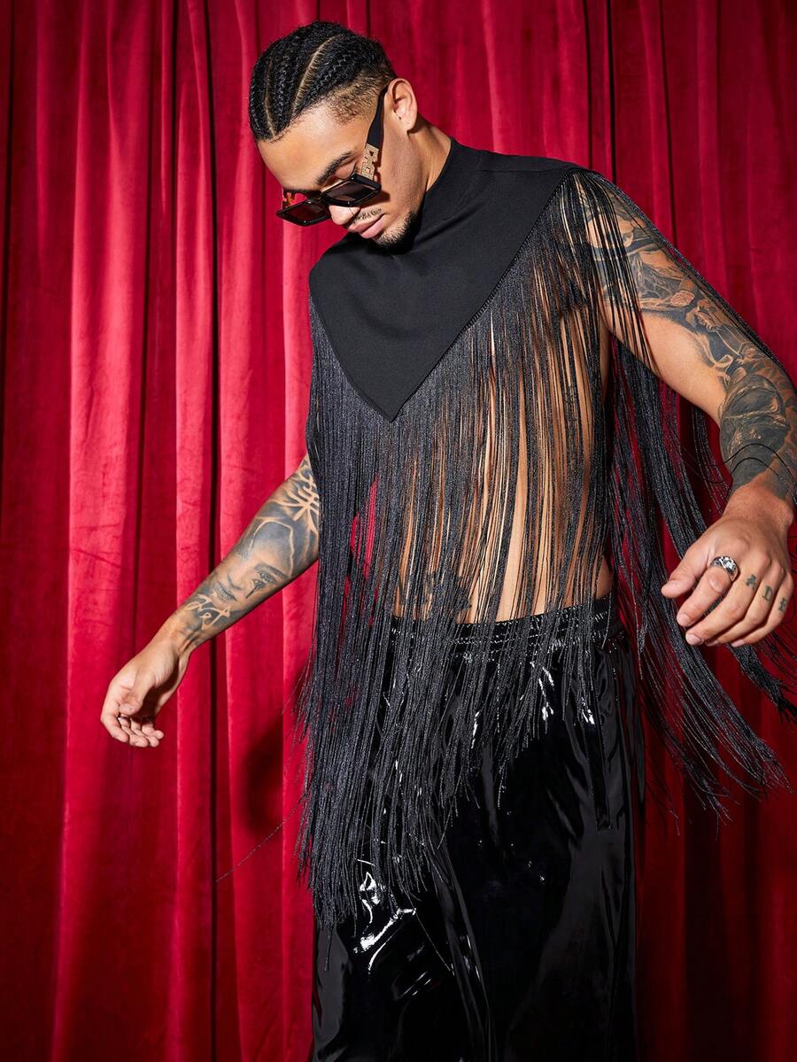 Manfinity NiteLyfe เสื้อกล้ามแขนกุดถักลำลองสำหรับผู้ชาย, ของขวัญแฟนแฟชั่นดิสโก้แขนกุดสีดำล้วน ...