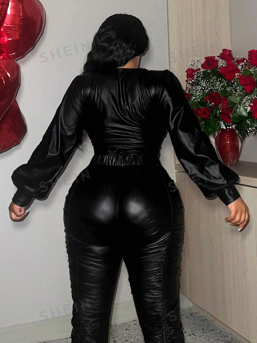 SHEIN Slayr Plus Size Women's Sexy Elegant Slim-Fit Solid Black PU ...