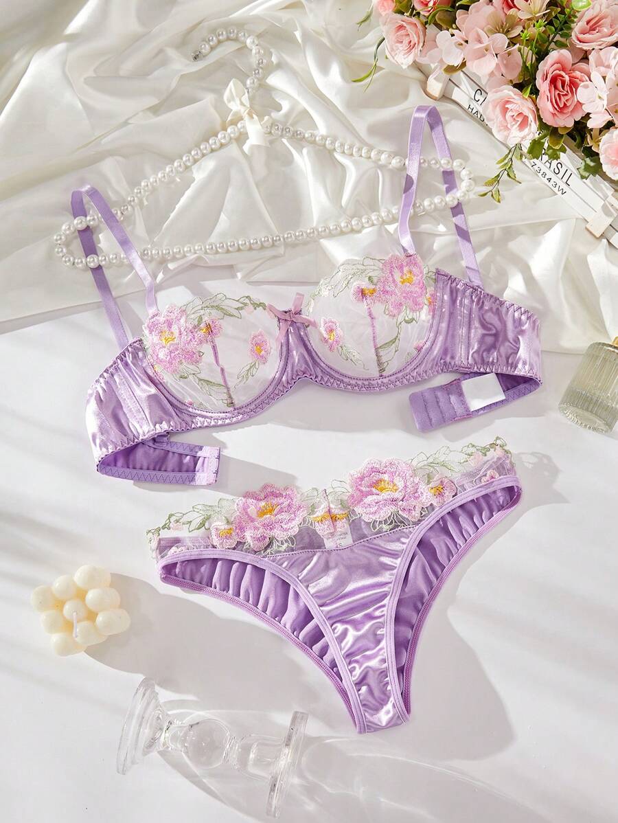 Ladies' Floral Embroidery Mesh Bra & Panty Lingerie Set | SHEIN USA