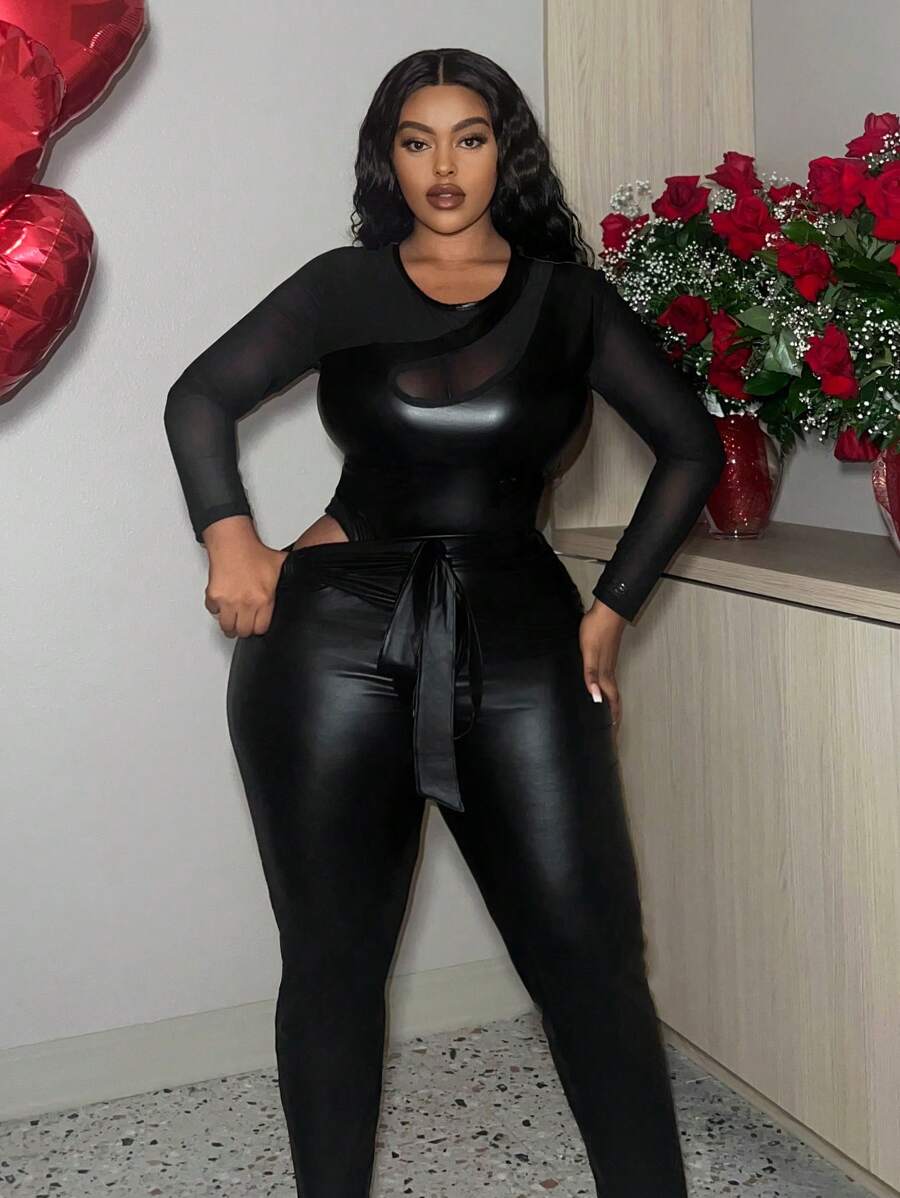 Slaydiva Plus Size Mesh & Pu Splicing Bodycon Bodysuit | SHEIN USA