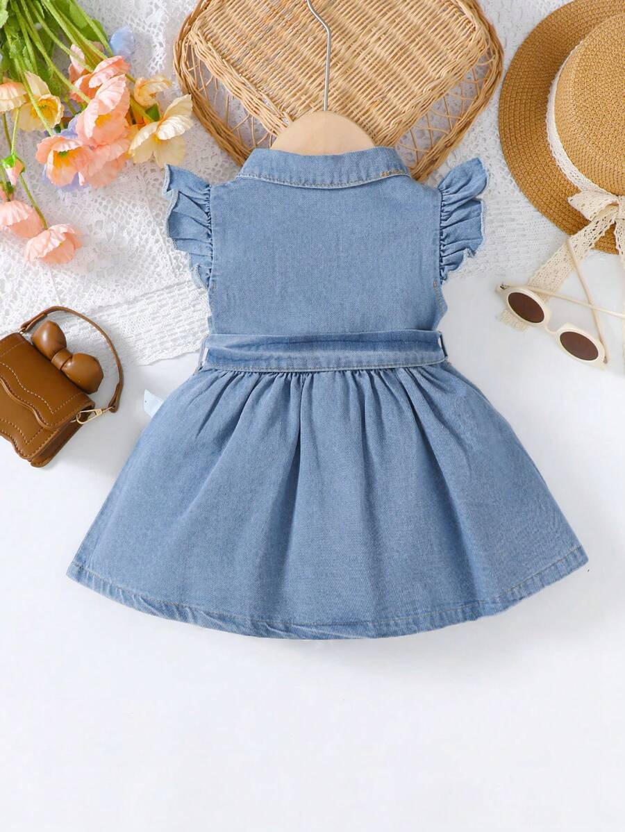 SHEIN Baby Girl Cute Flutter Sleeve Belted Denim Dress | SHEIN USA