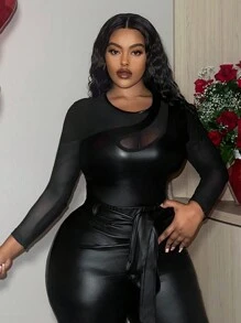 Slaydiva Plus Size Mesh & Pu Splicing Bodycon Bodysuit | SHEIN USA