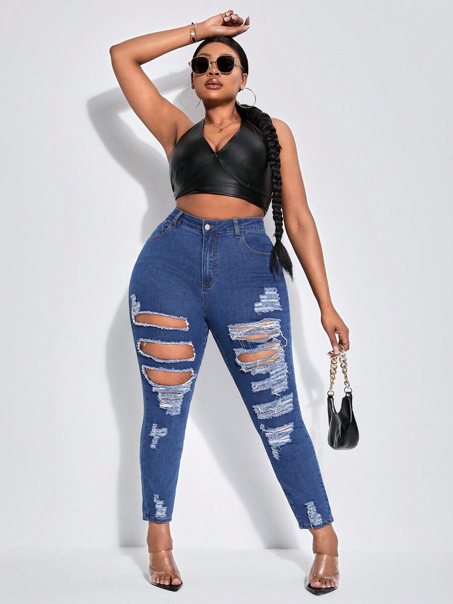 SHEIN SXY Jean Serré Sexy De Grande Taille Pour Femme Avec Déchirure ...