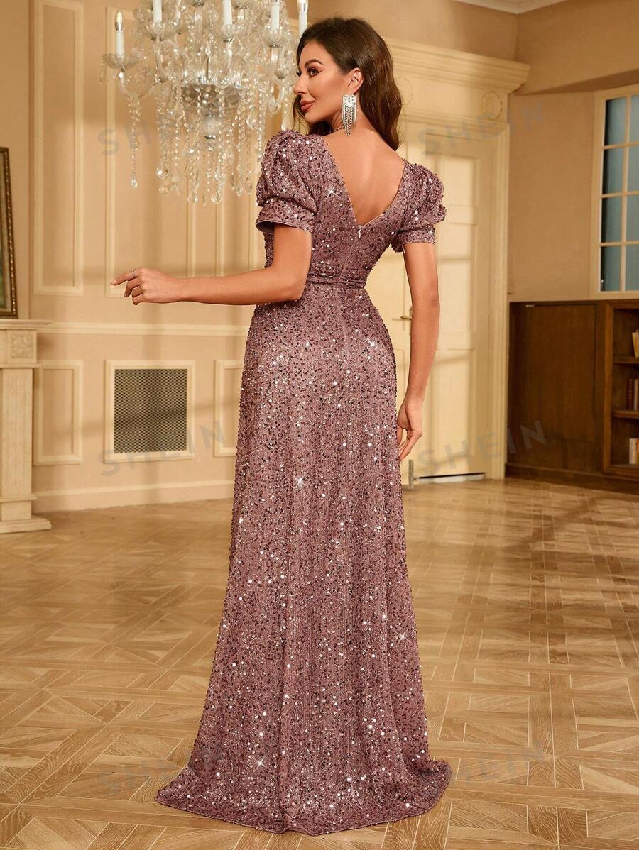 SHEIN LUNE Vestido De Fiesta A-line Con Brillos, Escote En V Y Manga ...