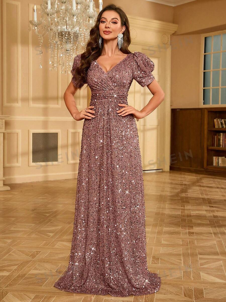 SHEIN LUNE Vestido De Fiesta A-line Con Brillos, Escote En V Y Manga ...