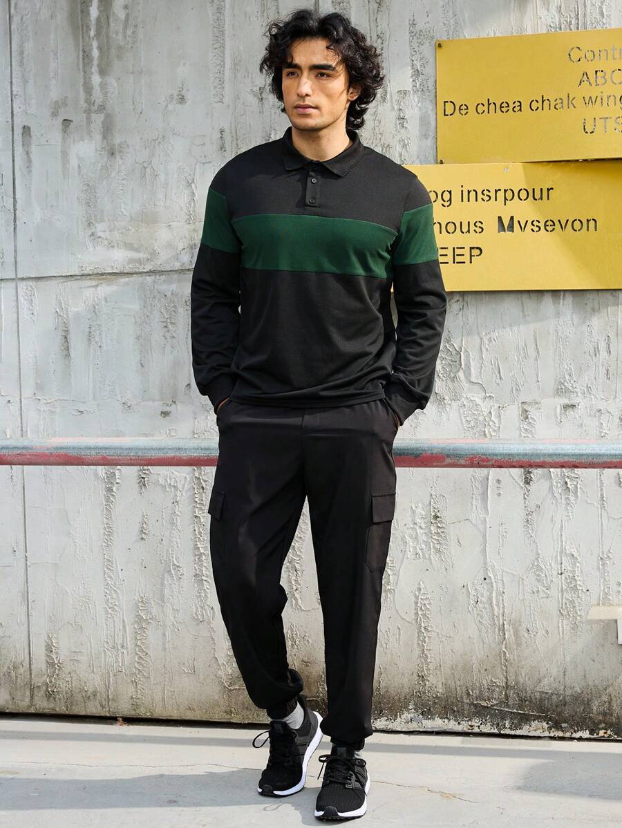 SHEIN Sport Corelite Men's Color Block Half Button Up Top And Jogger ...
