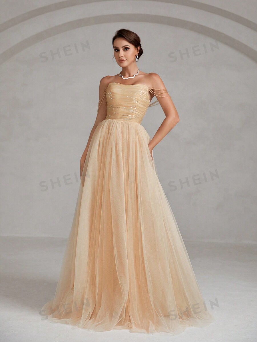 Chain Detail Mesh Prom Tube Gown Ball Gowns Woman Formal | SHEIN UK