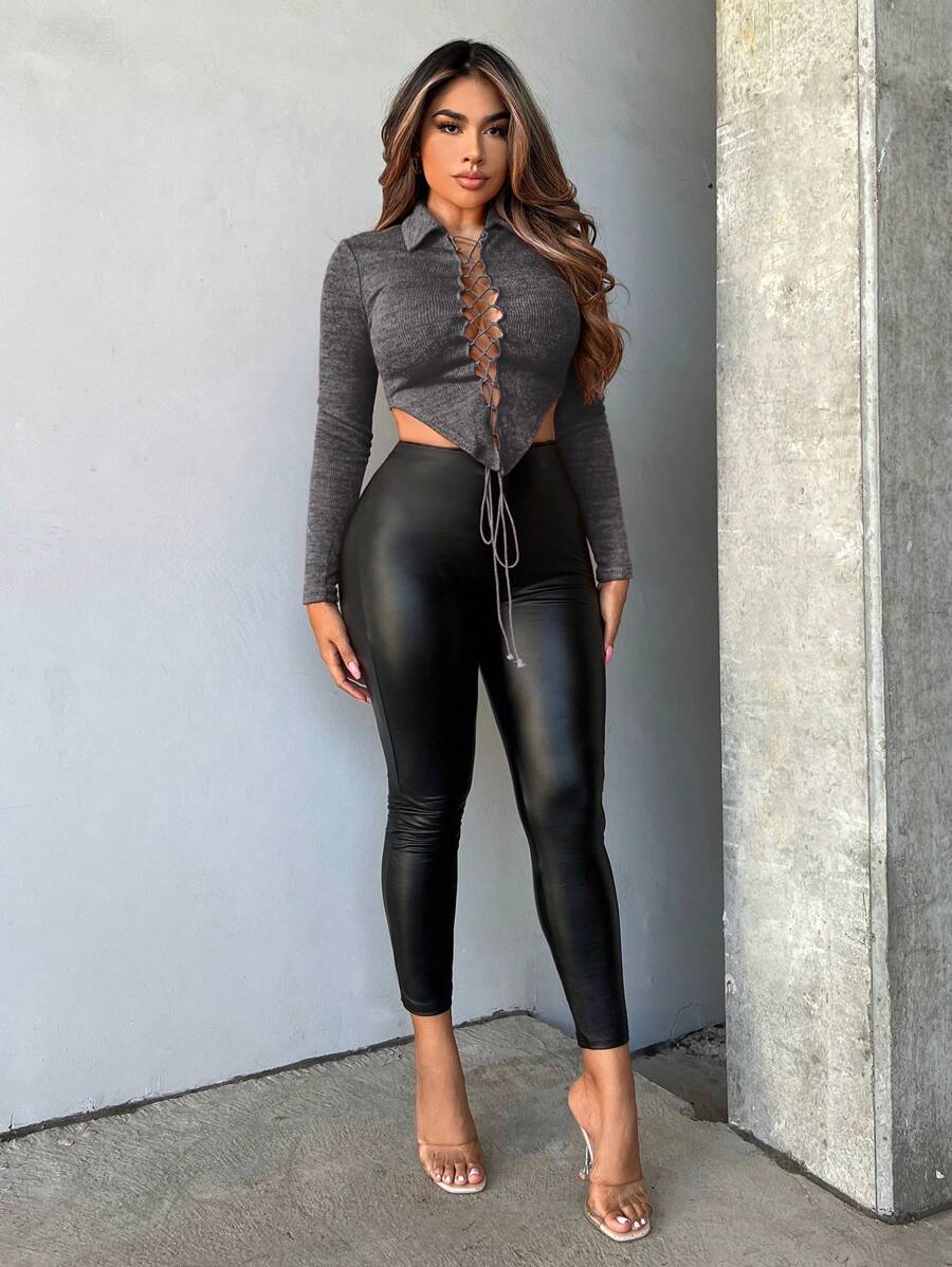 SHEIN SXY SHEIN SXY Lace Up Front Asymmetrical Hem Crop Tee Eve Outfit ...