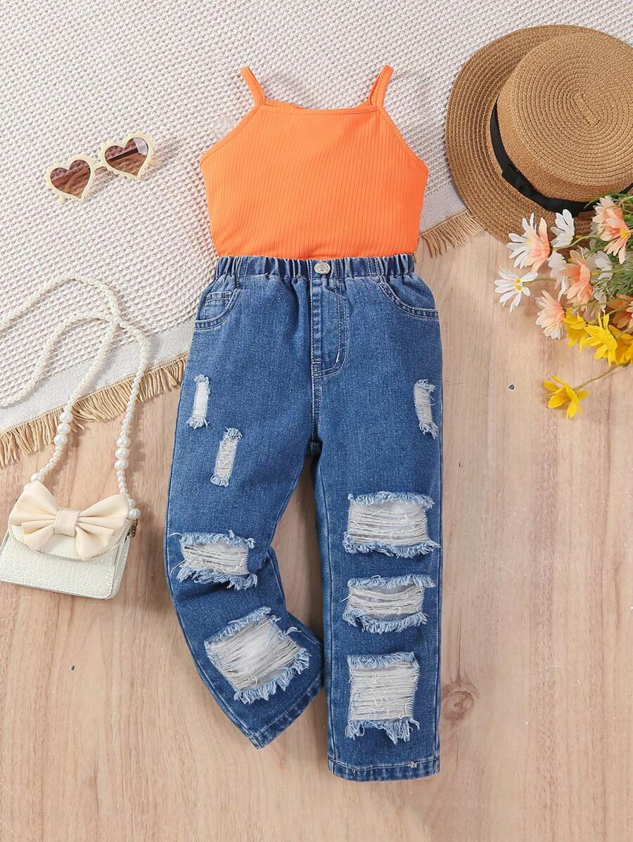 SHEIN Little Girls' Ripped Loose Fit Jeans & Cute Orange Short Camisole ...