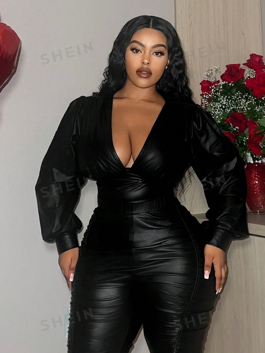 Shein Slayr Plus Size Womens Sexy Elegant Slim Fit Solid Black Pu Coated Fabric Deep V Neck