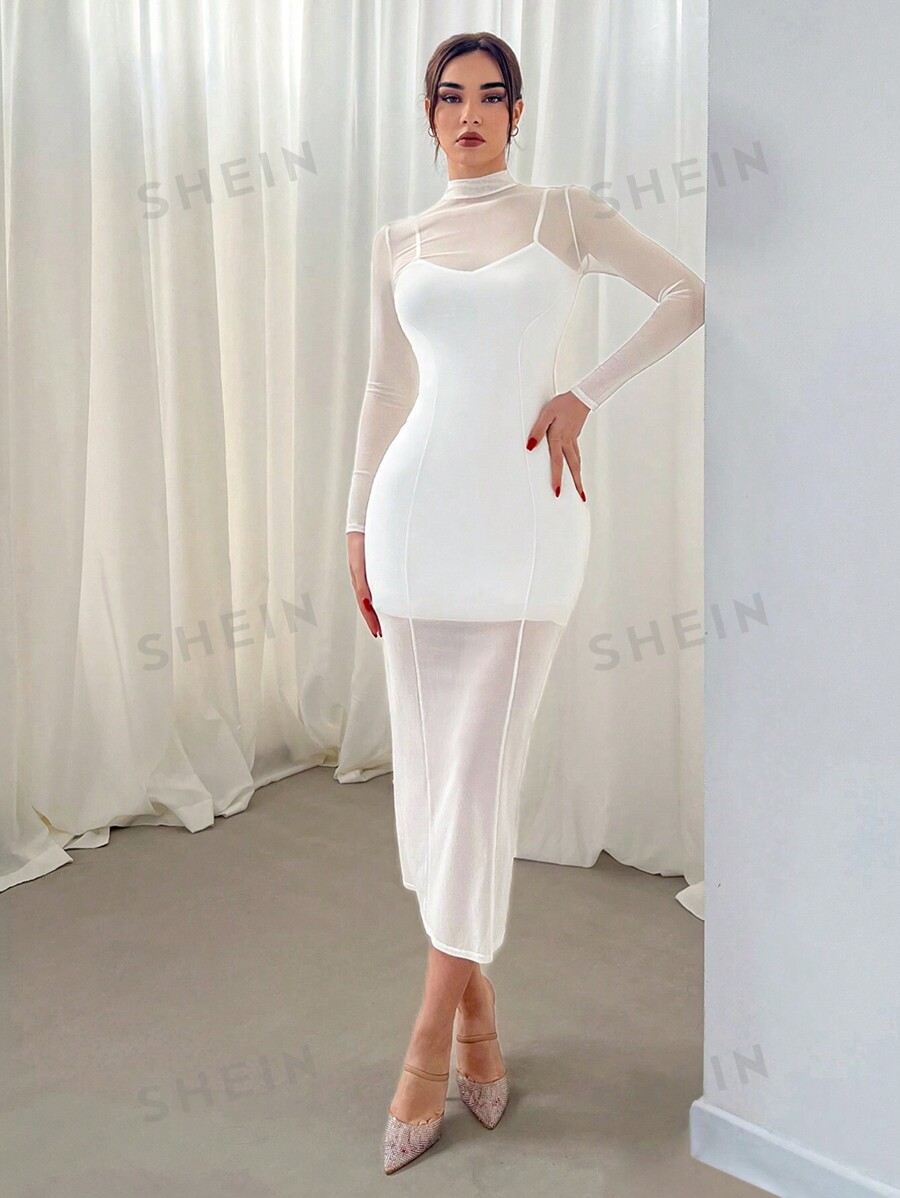 SHEIN Privé Women's See-Through Mesh Bodycon Dress, Elegant, Vacation ...