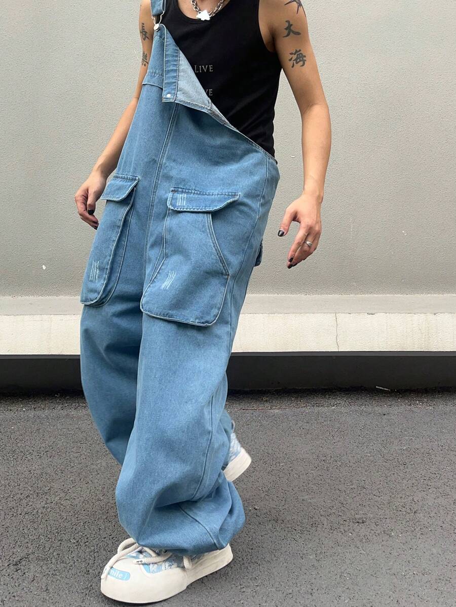 Manfinity EMRG Men's Loose Fit Cargo Denim Overalls , Baggy Overall ...