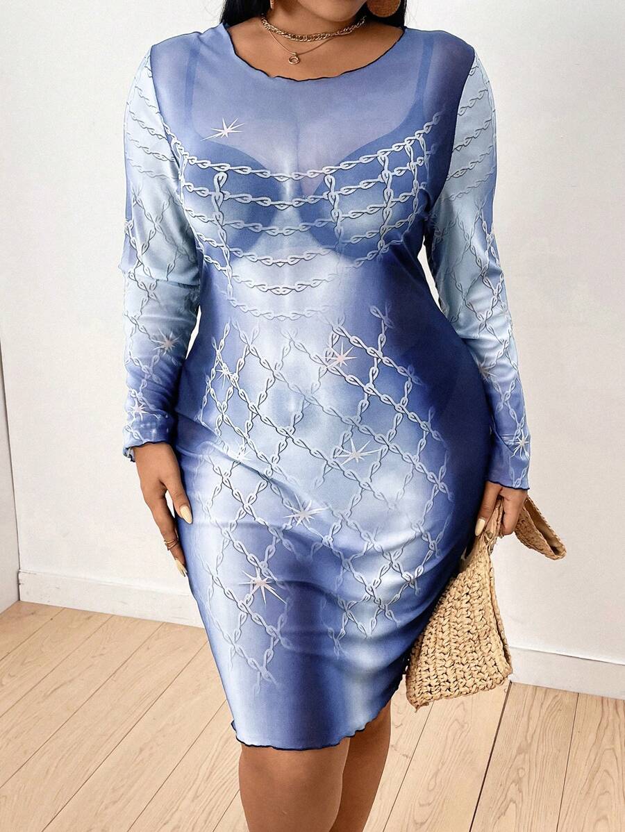 SHEIN Swim Y2GLAM Plus Size Women's Body Chain Printed Cover Up Dress ...