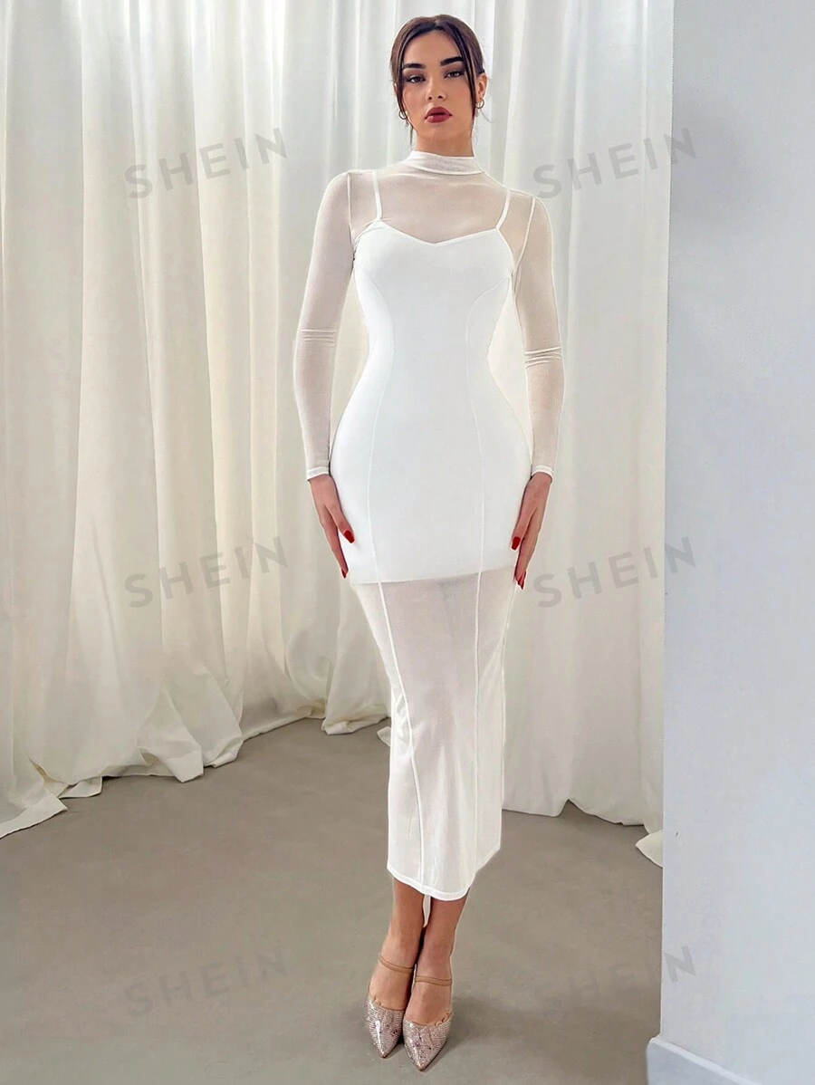 SHEIN Privé Women's See-Through Mesh Bodycon Dress, Elegant, Vacation ...