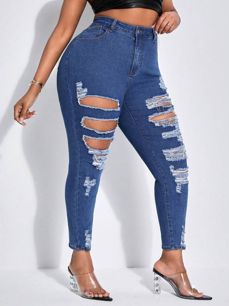 SHEIN SXY Jean Serré Sexy De Grande Taille Pour Femme Avec Déchirure ...