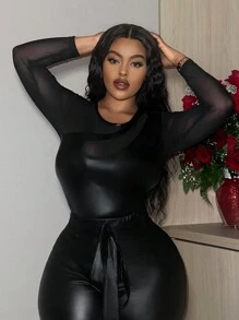 Slaydiva Plus Size Mesh & Pu Splicing Bodycon Bodysuit | SHEIN USA