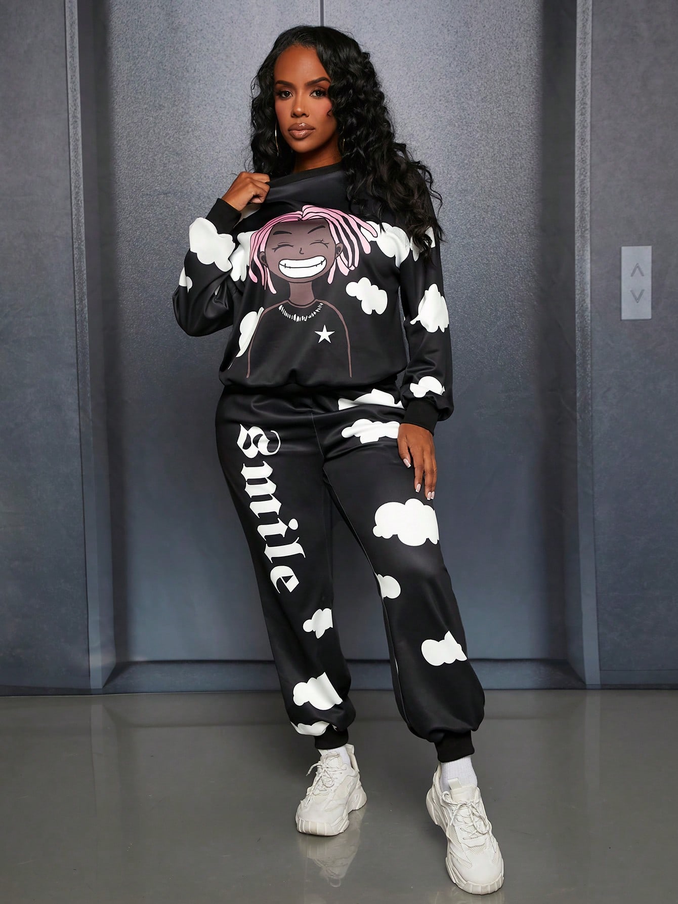 SHEIN Slayr Black Portrait Printed Long Sleeve Sweatshirt And Pants Set ...
