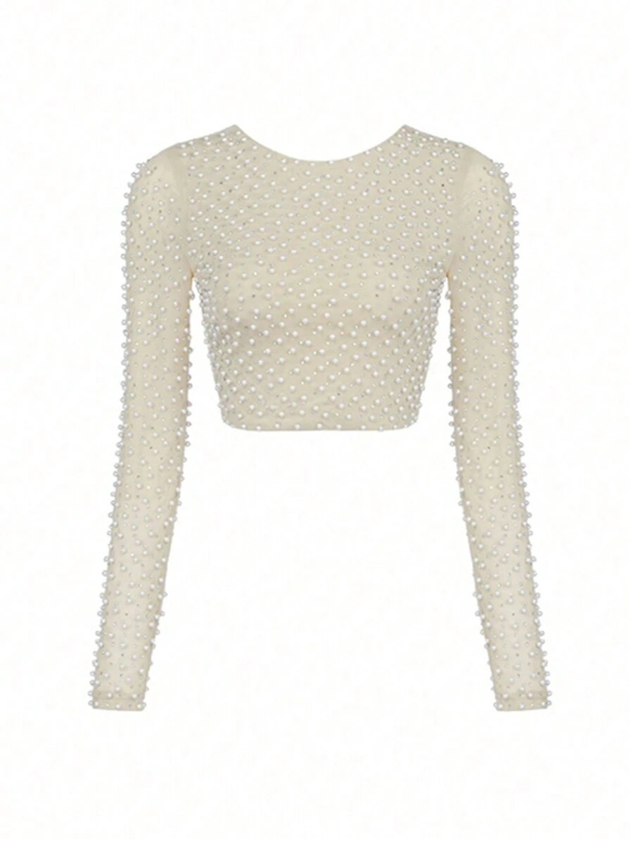 Pearls Beaded Sheer Mesh Crop Top | SHEIN USA