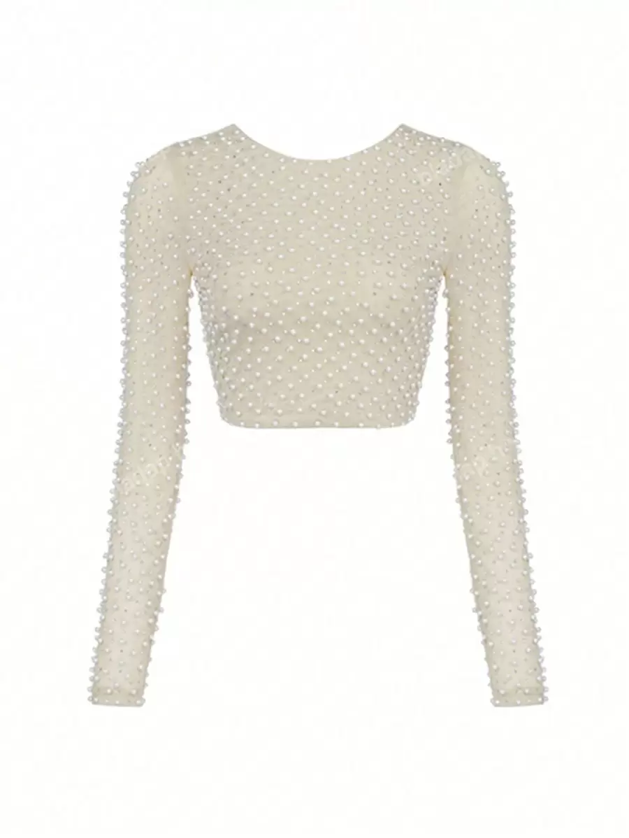 Pearls Beaded Sheer Mesh Crop Top | SHEIN USA