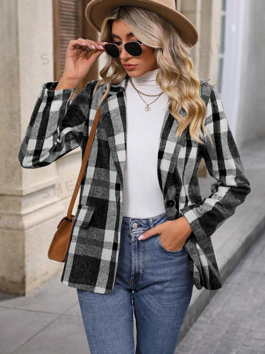 SHEIN LUNE Long Sleeve Plaid Pattern Suit Jacket | SHEIN UK