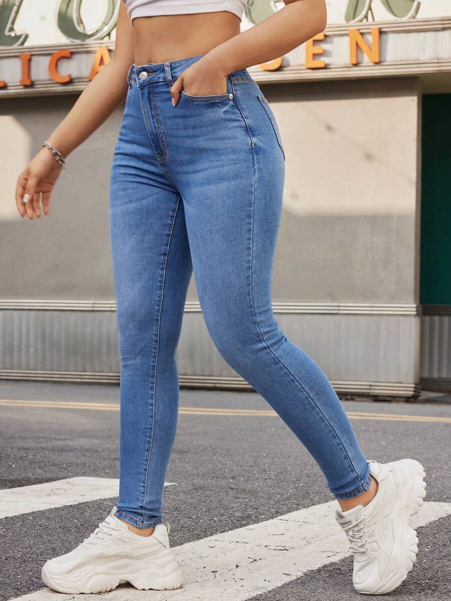 Women'S Water-Washed Slim-Fit Denim Jeans With Slanted Pockets | SHEIN USA