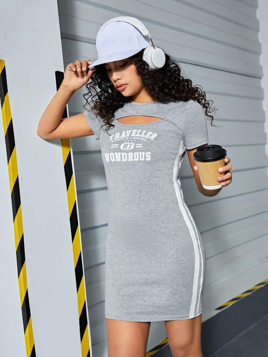 Teenage Girls' Knit Cutout Letter Print Dress | SHEIN USA