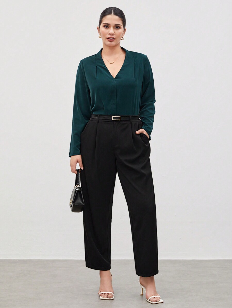 SHEIN BIZwear Plus Size Women's Fold Pleated Work Blouses Solid Color V ...