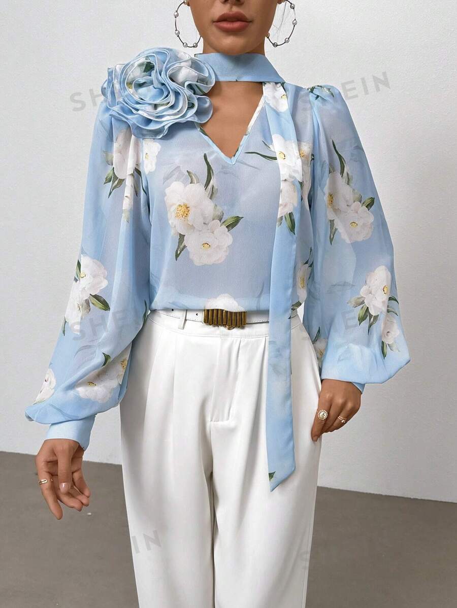 SHEIN Privé Women Romantic 3d Flower Chiffon Sheer Long Sleeve Shirt ...